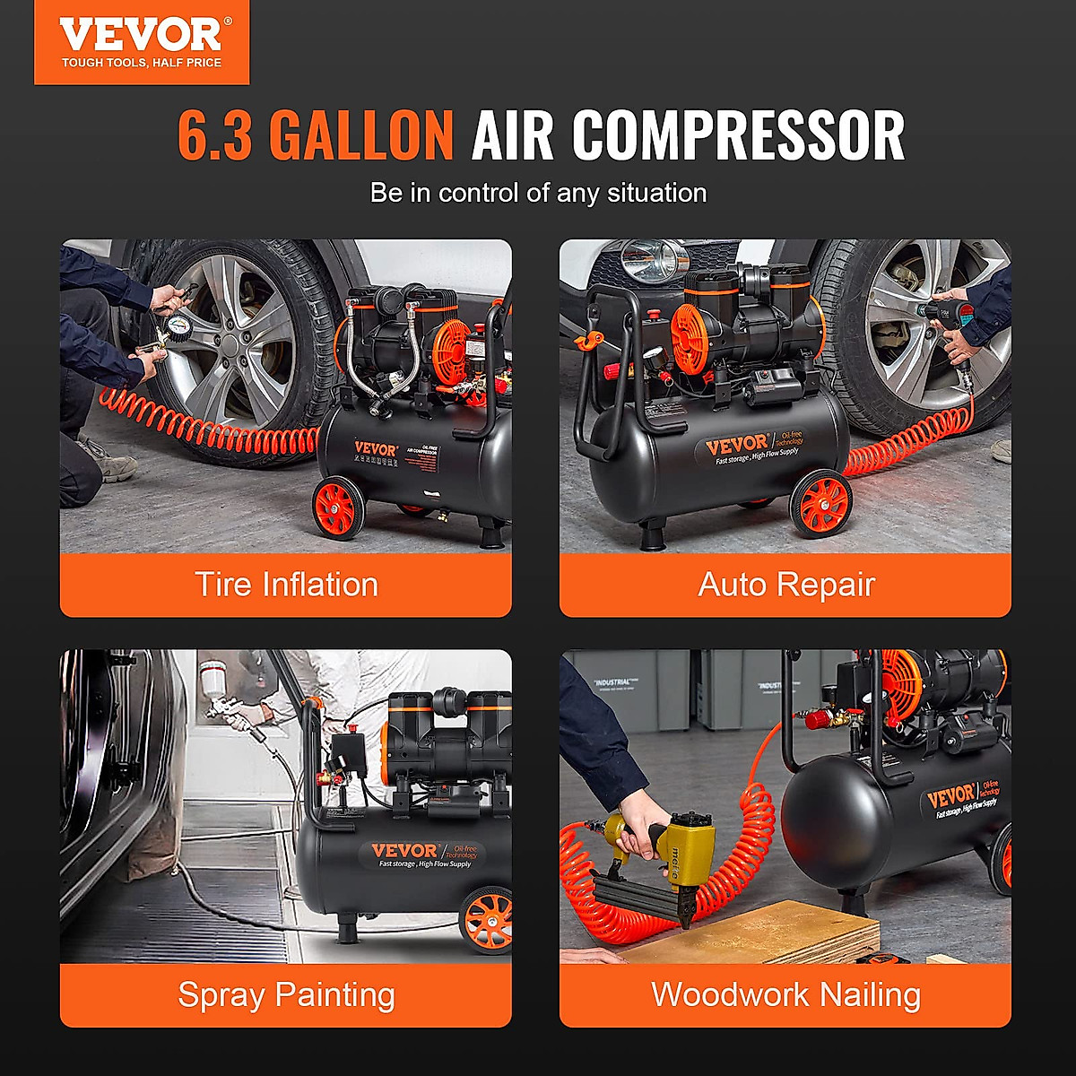 VEVOR 6.3 Gallon Air Compressor, 2 HP 3.35 CFM@ 90PSI Oil Free Air Compressor Tank & Max. 116PSI Pressure, 70 dB Quiet Compressor for Auto Repair, Tire Inflation, Spray Painting, Woodwork Nailing