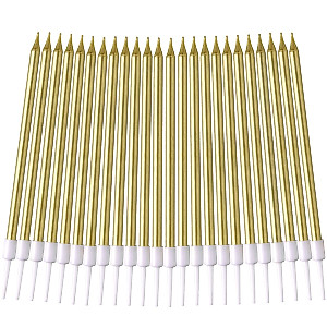 24 Count Party Long Thin Cake Candles Metallic Birthday Candles in Holders for Birthday Cakes Cupcake, Gold