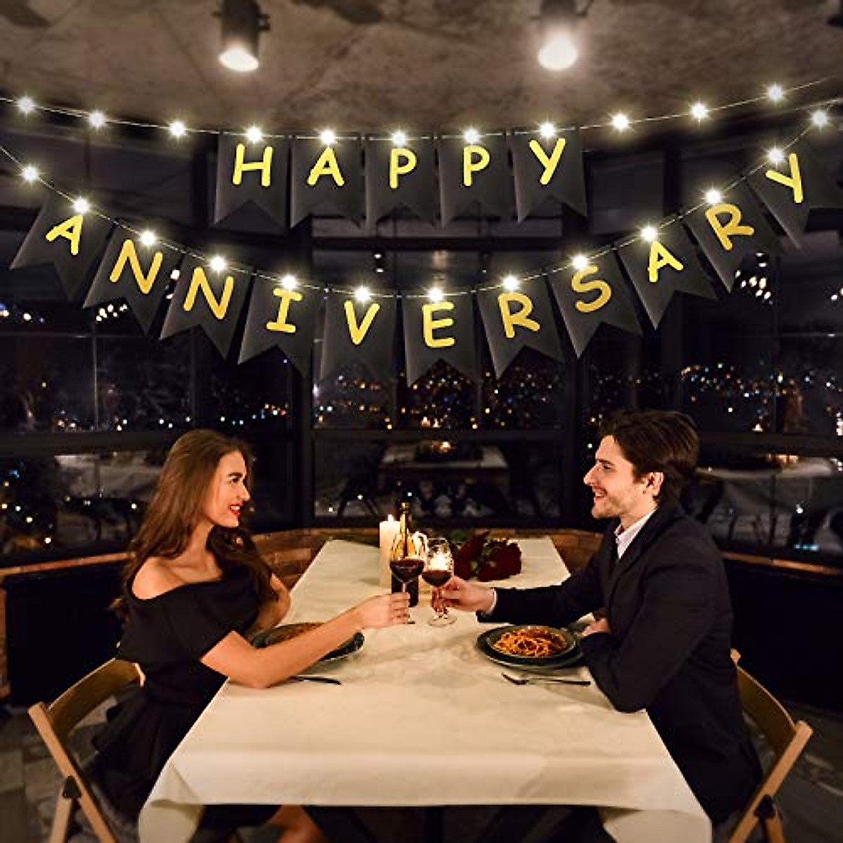 Happy Anniversary Banner Gold Foiled Sign Banner with LED Fairy String Light 8 Flicker Mode, Anniversary Party Decoration Photo Props for Anniversary Wedding Party Ceremony Decoration (Black)