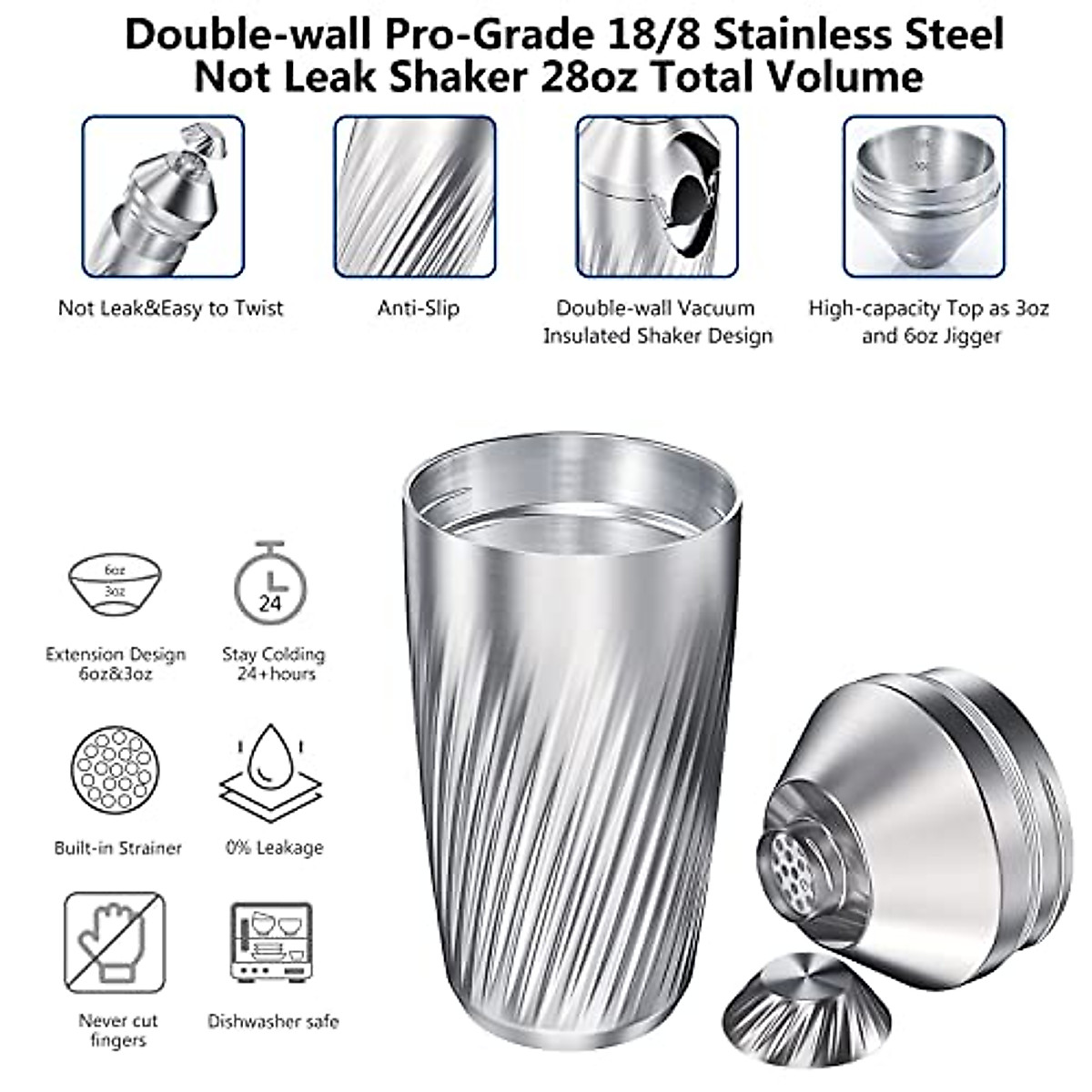 Cocktail Shaker Bar Set - Innovative Premium Vacuum Insulated Stainless Steel Drink Shaker Double Wall Margarita Mixer Jigger & Mixing Spoon Set - Martini Shaker for Home Bartender - 28oz