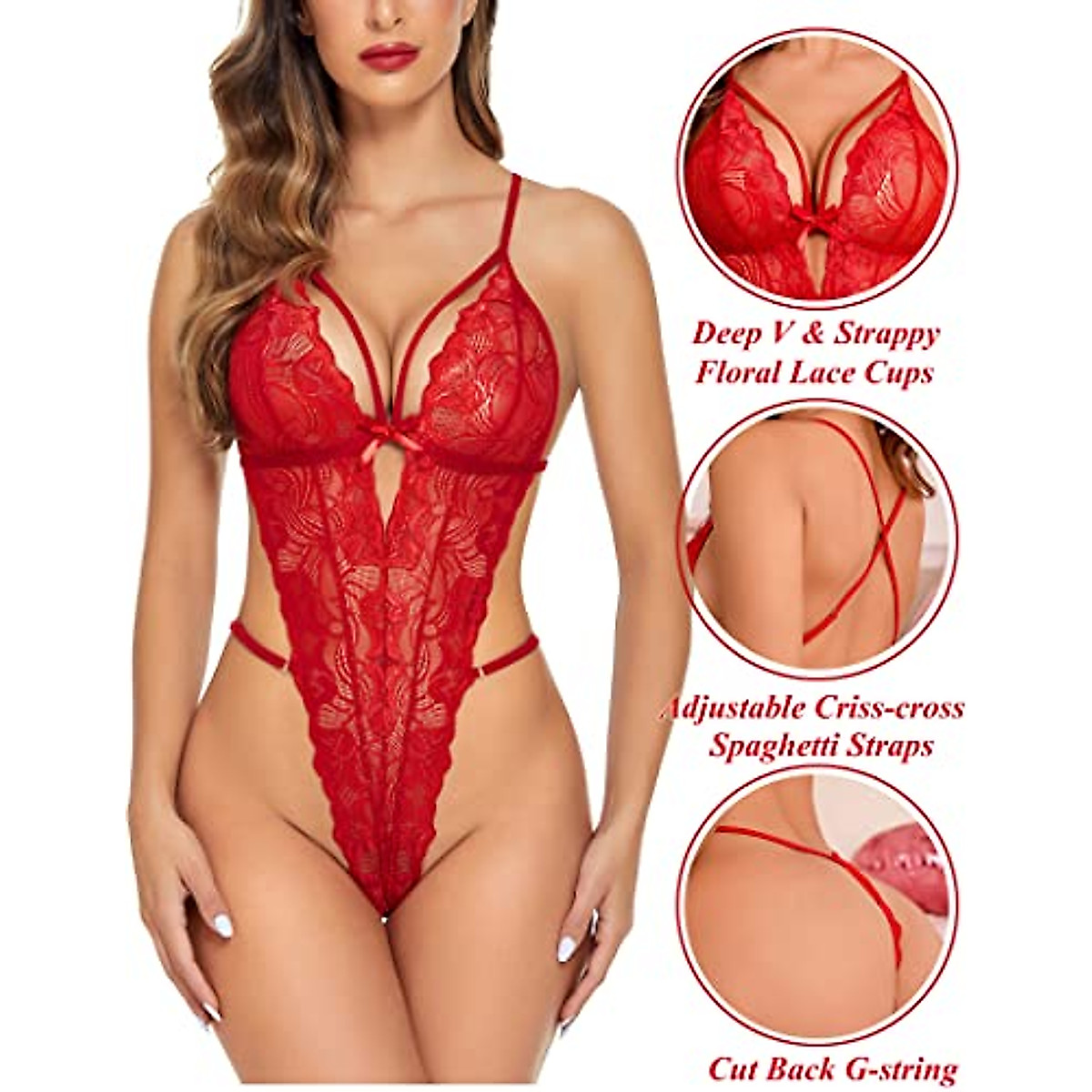 Avidlove Women One Piece Lingerie Sexy Deep V Teddy Lace Bodysuit (Red, X-Large)