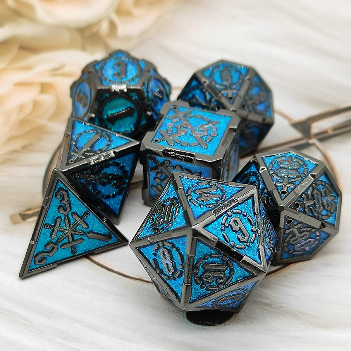 Metal DND Dice Set D&D Dungeons and Dragons Sword Dice Gift D20 Polyhedron Suitable for Rolling RPG MTG Pathfinder Board Game Accessories Free Velvet Bag-Black Nickel Glitter Blue