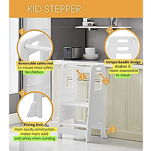 Kid's Wooden Kitchen Step Stool, 220lbs Capacity, Adjustable Platform Standing Tower, with Safety Guardrail Child Studying Tower, Toddler Stool for Bathroom, Cooking Helper（White
