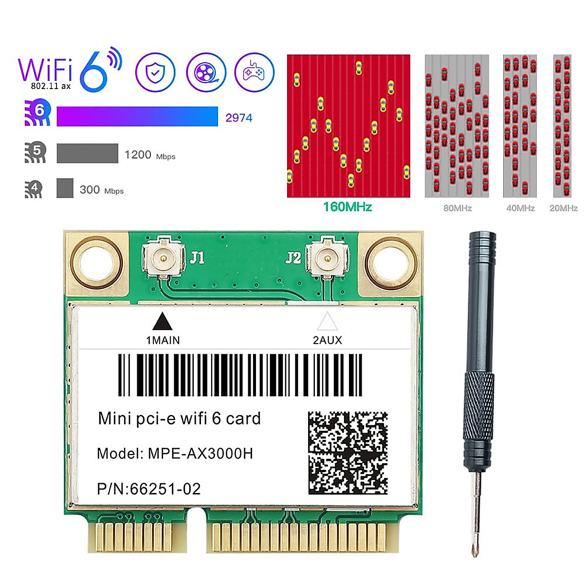 MPE-AX3000H WiFi 6 Wireless Card Dual Band 802.11ax Half Mini PCI-E WiFi Card PCI Express Network Adapter BT5.2 2.4GHz 574Mbps 5GHz 2.4Gbps(160MHz) for Windows 10/11 64 bit Better 7260HMW WiFi Card