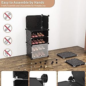 ROJASOP Tall Shoe Rack, 10 Tiers Shoes Storage Cabinet with Doors, 20 Pairs Narrow Portable Shoe Rack Organizer with 2 Hooks Plastic Shoe Closet for Entryway Bedroom Hallway (Black, 1 by 10)