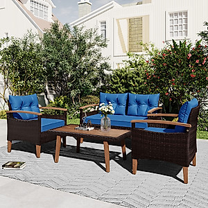 Hlcodca 4 Piece Wicker Patio Conversation Furniture Set,PE Rattan Patio Seating Set with Acacia Wood Tabletop and Legs, Outdoor Sofa Set for Balcony, Porch, Backyard (Brown and Blue/)