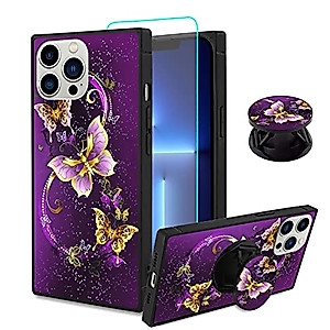SAKUULO iPhone 13 Pro Max Case,[Screen Protector + Kickstand] Square Cute Purple Butterfly Print Design Soft TPU Edge Protection Shock Absorption Slim Hard PC Case for iPhone 13 Pro Max 6.7 Inch