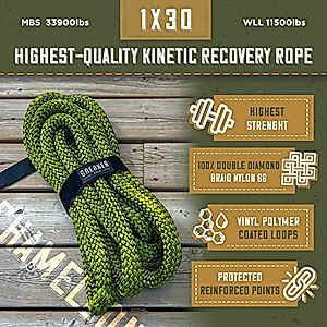 Greaker 1" x30' (33,900lbs MBS) Kinetic Energy Recovery Tow Rope Heavy Duty Offroad Snatch Strap for UTV, ATV, Truck, Car, Jeep, Tractor - Unique 4x4 Style