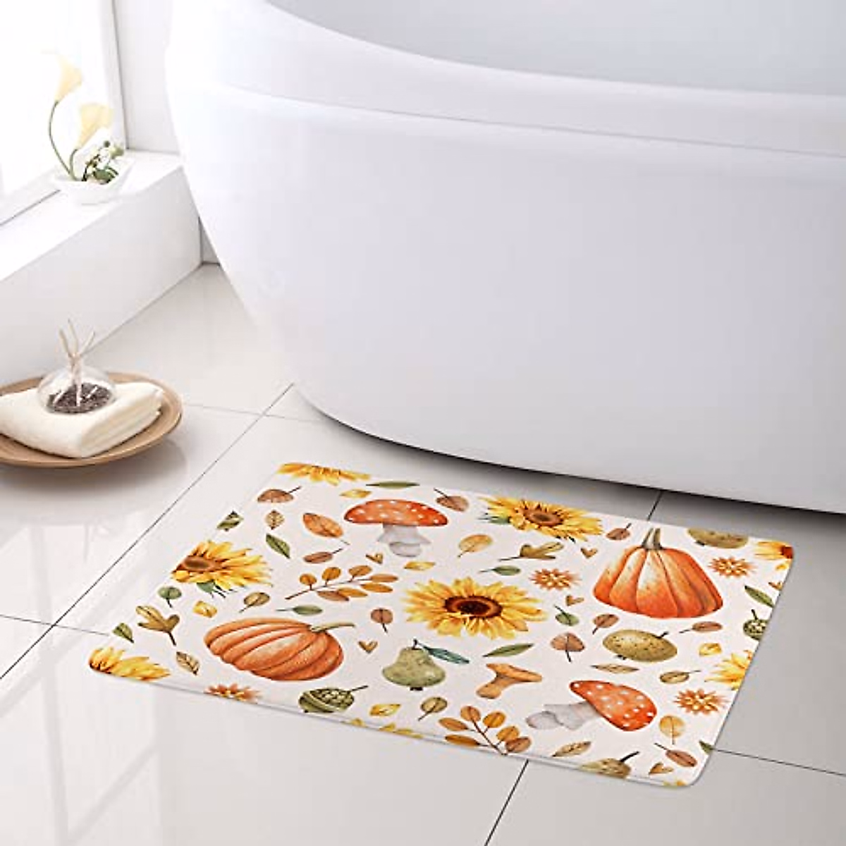 HVEST Fall Shower Curtain and Bathroom Rugs, Pumpkin Sunflower Autumn Leaf and Mushroom on Beige Shower Curtain with Bath Mat, 72X72 inches Farmhouse Fall Thanksgiving Bathroom Shower Curtain Set