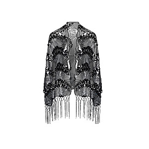 BABEYOND 1920s Sequin Shawl Fringed Evening Cape Wedding Bridal Shawl (Black)