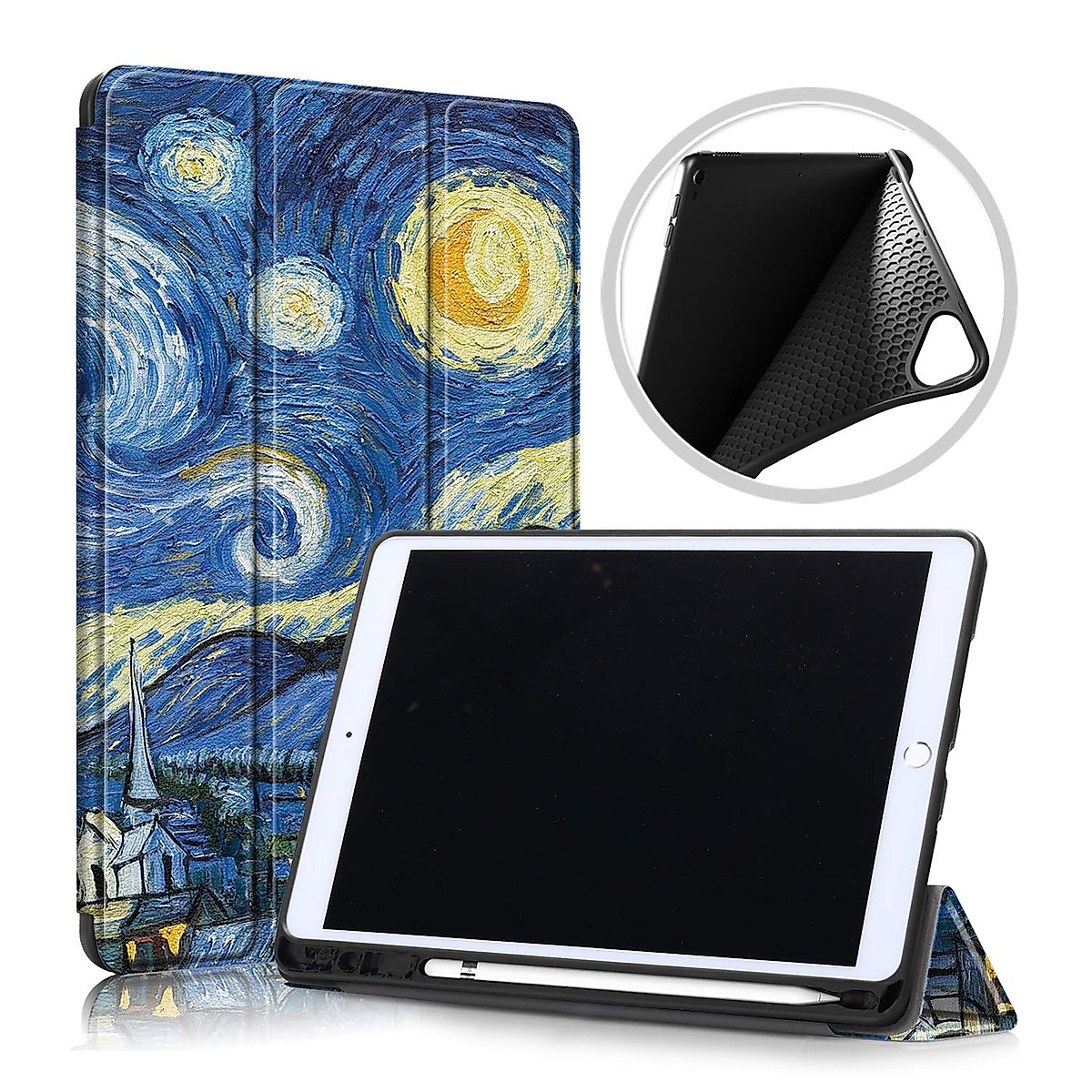 UUcovers for Apple iPad 10.2" (9th/8th/7th Generation) Case 2021/2020/2019, Smart Cover with Pencil Holder [Auto Wake/Sleep] PU Leather Stand Folio Tri-fold Shockproof Shell, Van Gogh Starry Night