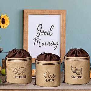 Wowangce 3 Pcs Onion Bags with Drawstring Sustainable Potato Bags with Blackout Lining Storage Farmhouse Kitchen Potato Sacks Food Potato Onion Garlic Storage Container for Pantry (Classic,Barncloth)