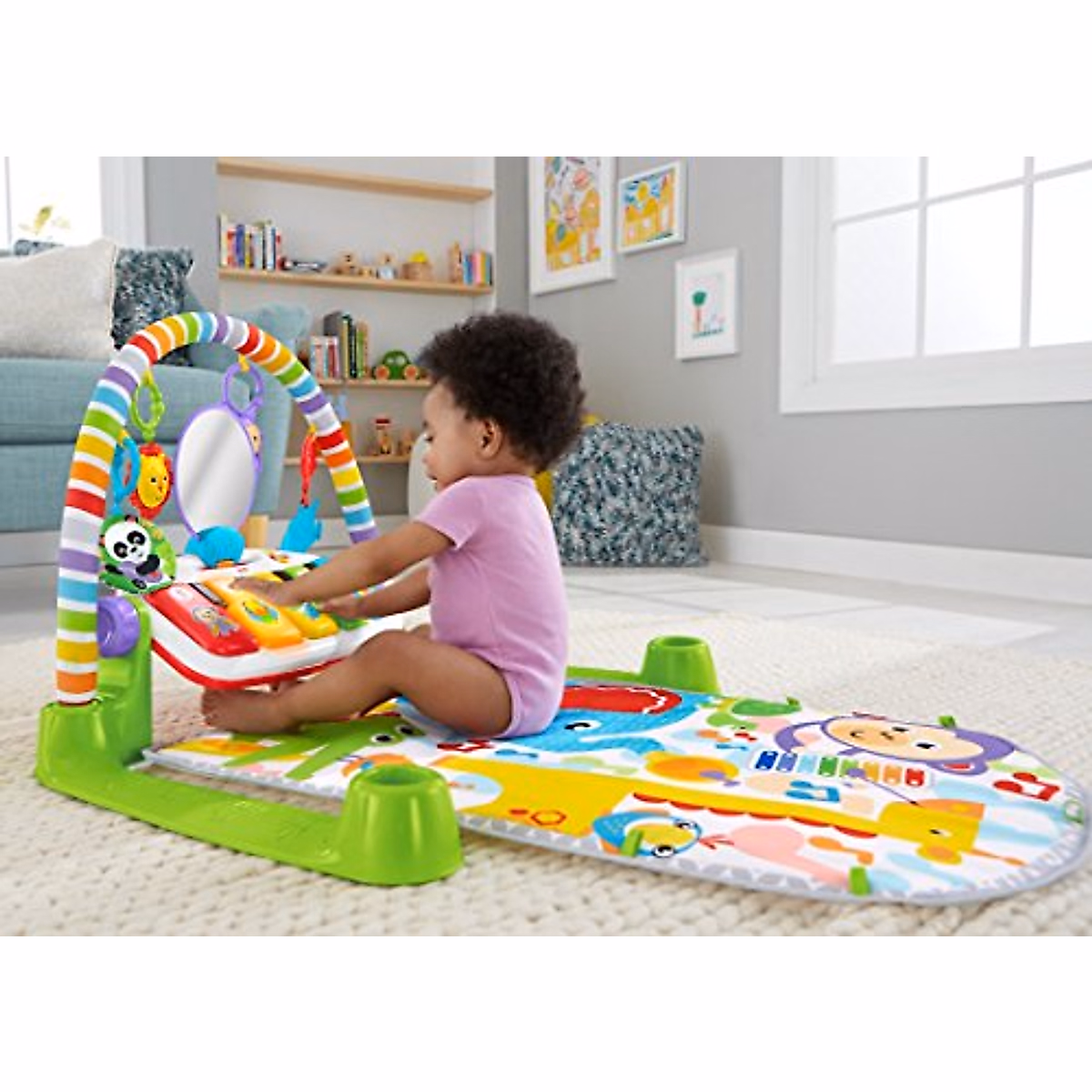 Fisher-Price Baby Playmat Deluxe Kick & Play Piano Gym & Maracas With Smart Stages Learning Content, 5 Linkable Toys & 2 Soft Rattles [Amazon Exclusive]