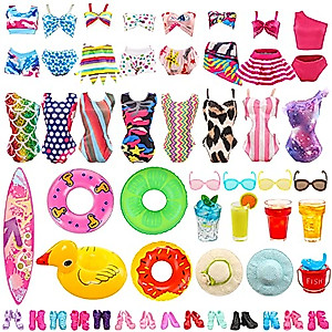 ENOCHT 31 Pcs Doll Swimwear Clothes and Accessories Including 10 Bikini Swimsuit, 2 Swimming Ring, 1 Surf Skateboard, 1 Drink, 1 Bucket,2 Hat and 10 pcs Shoes for 11.5 inch Doll