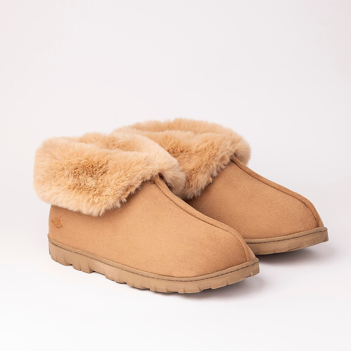 EUROPEAN SOFTEST Women's Micro Suede Faux Fur Fleece Lined Cozy 80-D High-Density Memory Foam Winter Slipper Bootie Breathable House Shoes with Non Skid Indoor Outdoor Sole (5-6, Camel)