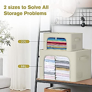 2 Pack Clothes Storage Bins, Stackable Oxford Frame Storage Box, Clothing Organizer Containers, Foldable Storage Bag for Closet, Living Room with Clear Window.(Light Grey,19.7*15.7*13inch,66L)
