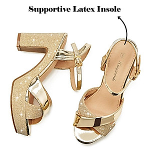 hingswink Womens Sparkly Gold Platform Dress Sandals for Women Chunky Block Heel 3.8 Inch High Heels Open Toe with Strap for Women Comfortable Sexy Dressy Prom Wedding Party Evening Shoes, gold8.5