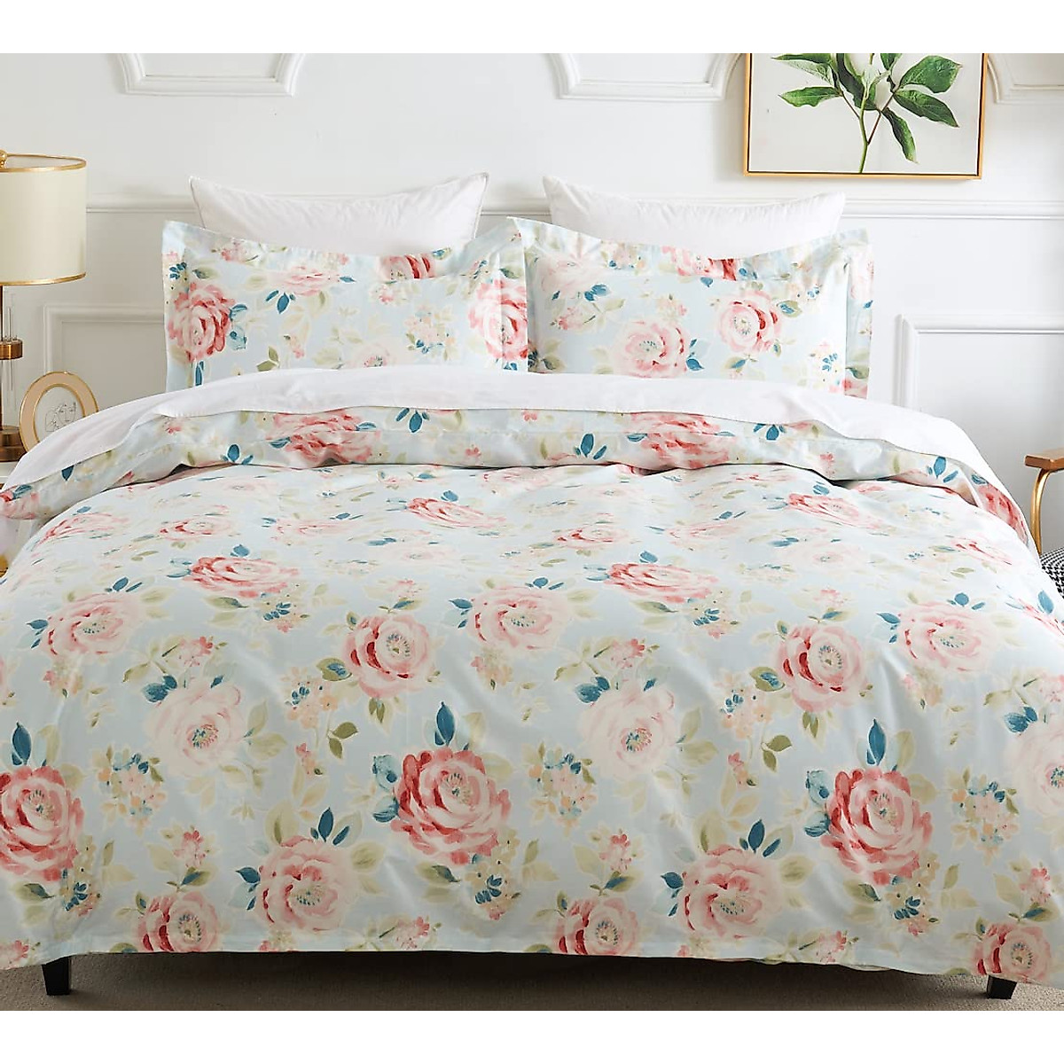 DAUAOTO Queen Size 90"X90" Duvet Cover Set, Bedding Cotton Floral Print Pattern for Teens Girls, Rose Flower Garden