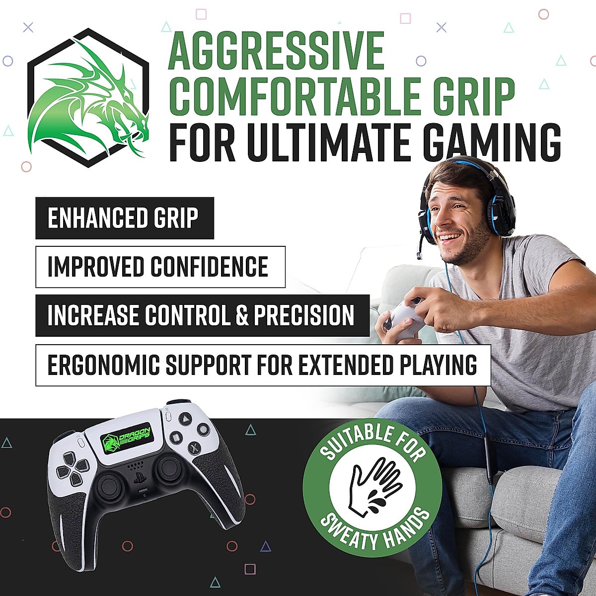 Dragon Grips PS5 Controller Grip, 22 Pcs Black Textured Non-Slip Rubber Controller Grips Stickers, Perfectly Fit to Any Handles, Trigger Buttons & D-pad, Sweat Resistant to Enhance Gaming Control, 2pk