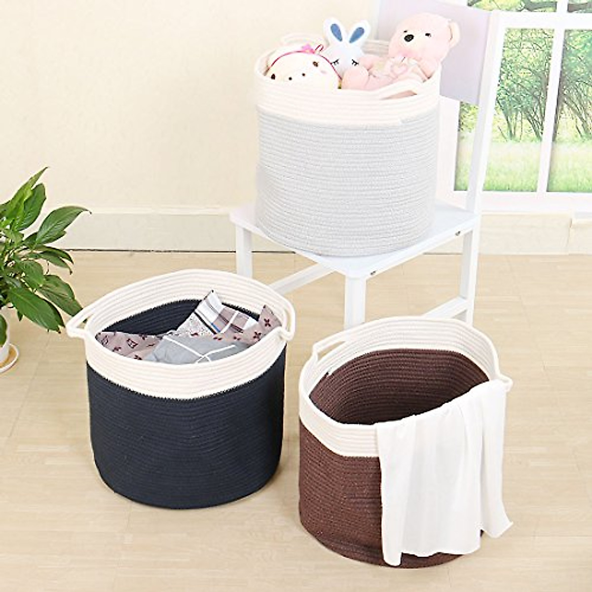 uxcell Home Accessories Cotton Rope Storage Basket with Handles Collapsible Storage Organizer for Closet Shelves Bedroom Office,Laundry Hamper Basket Navy Blue 15" x 13.8"
