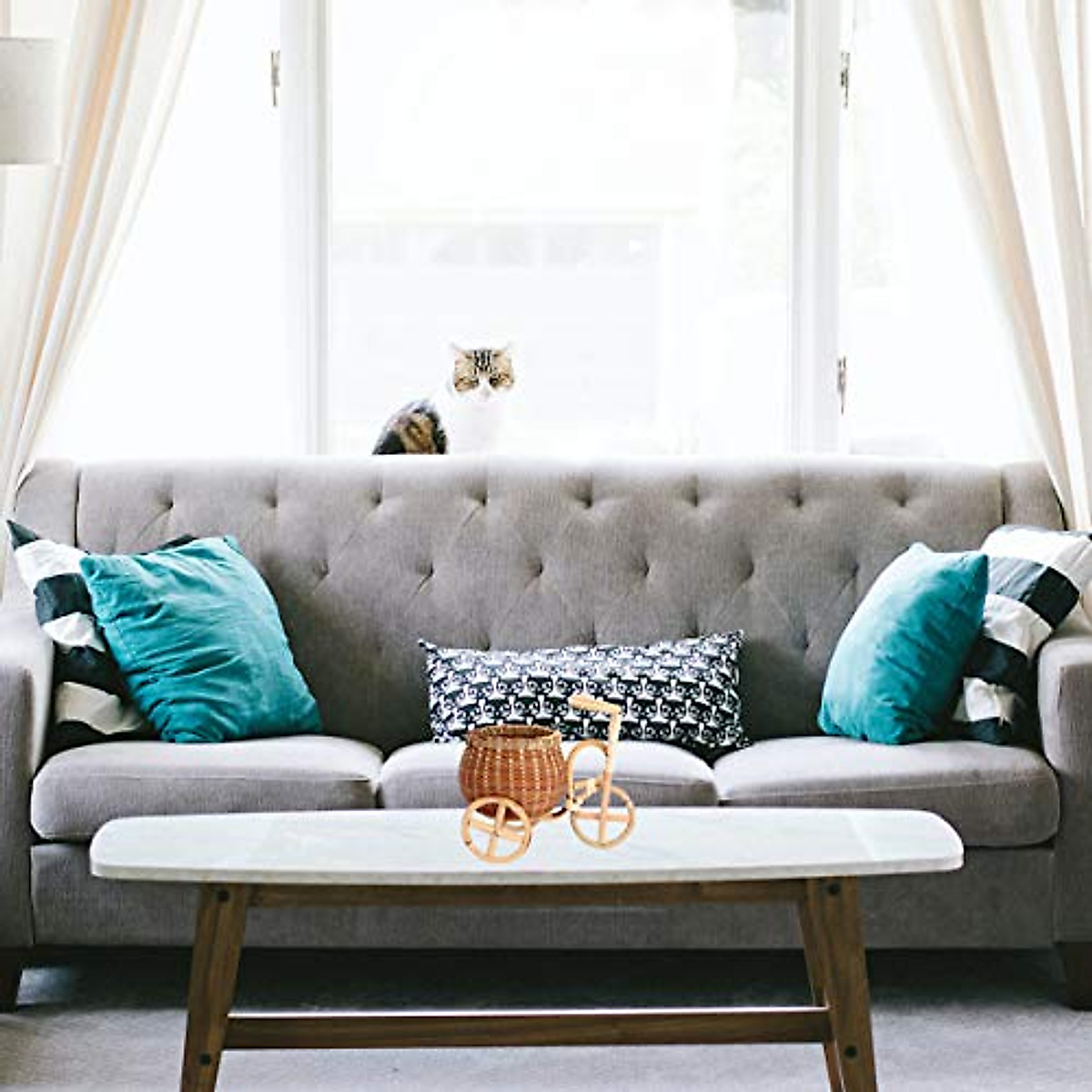 Garneck Small Rattan Basket Bamboo Woven Tricycle Shape Rack Belly Round Basket Handmade Multifunctional Dried Nuts Pencil Pen Bucket for Home Living Room Light Brown