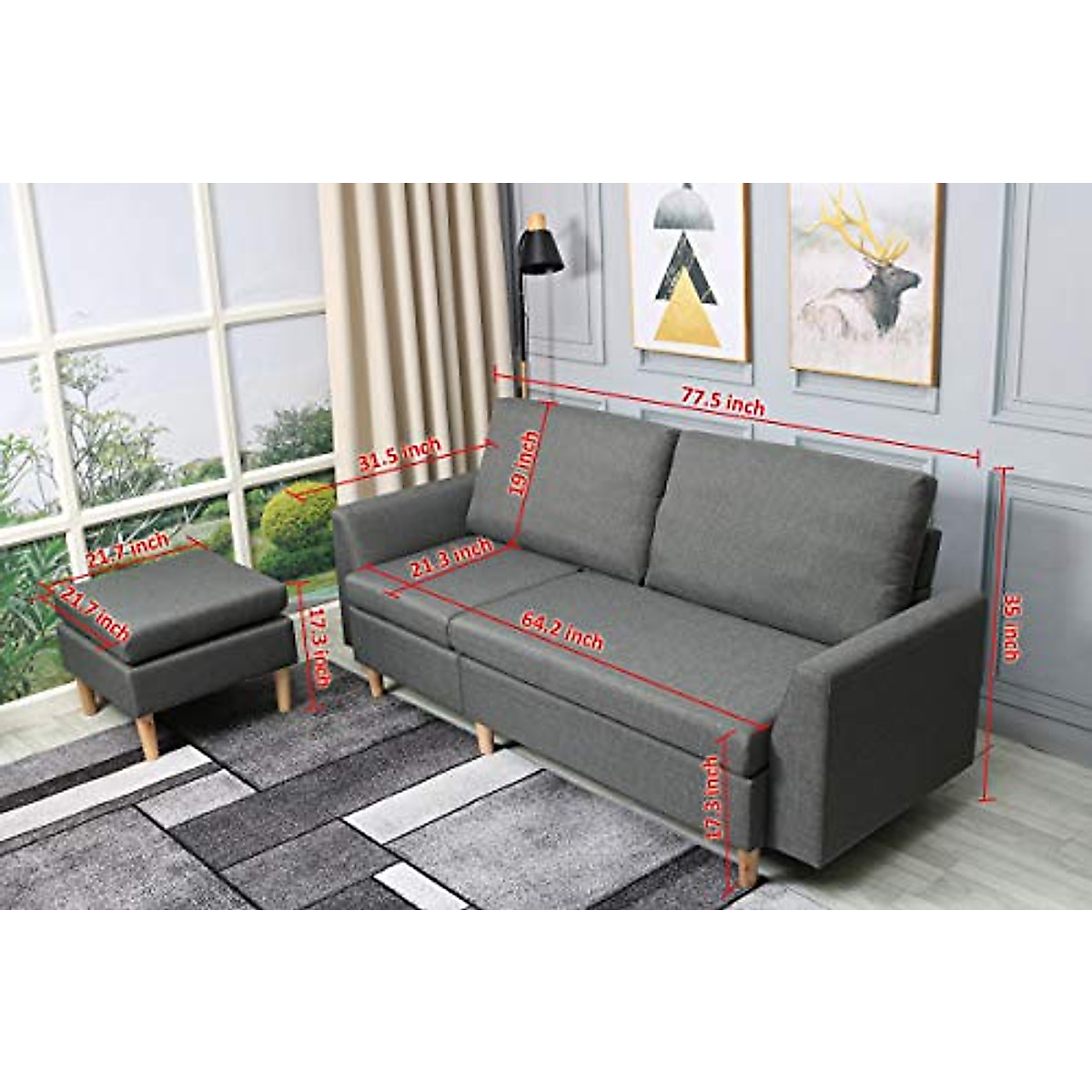 Best-Living Furniture Modern Linen Fabric L-Shaped Small Space Sectional Sofa with Stool, Reversible Chaise, in Grey