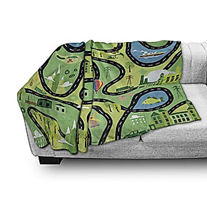 Ambesonne Cartoon Throw Blanket, Aerial View of Coastal Suburbs with Roads Style Hot Air Balloon Windmill, Flannel Fleece Accent Piece Soft Couch Cover for Adults, 50" x 70", Multicolor