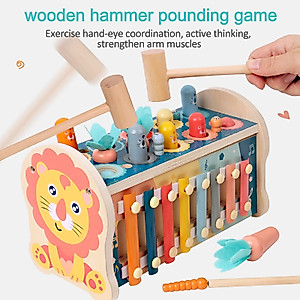 BESTAMTOY Wooden Educational Hammering Gopher Toy Worms Catching Radish Xylophone Pounding Bench Early Learning Lion Patterns Cute Colorful Skills Developing Games Hamster Play Set