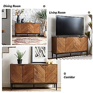 HULALA HOME 55" Sideboard Buffet Cabinet, Kitchen Storage Cabinet with 4 Doors & 2 Removable Shelves, Cupboard Console Table Accent Cabinet for Dining Room, Hallway, Walnut