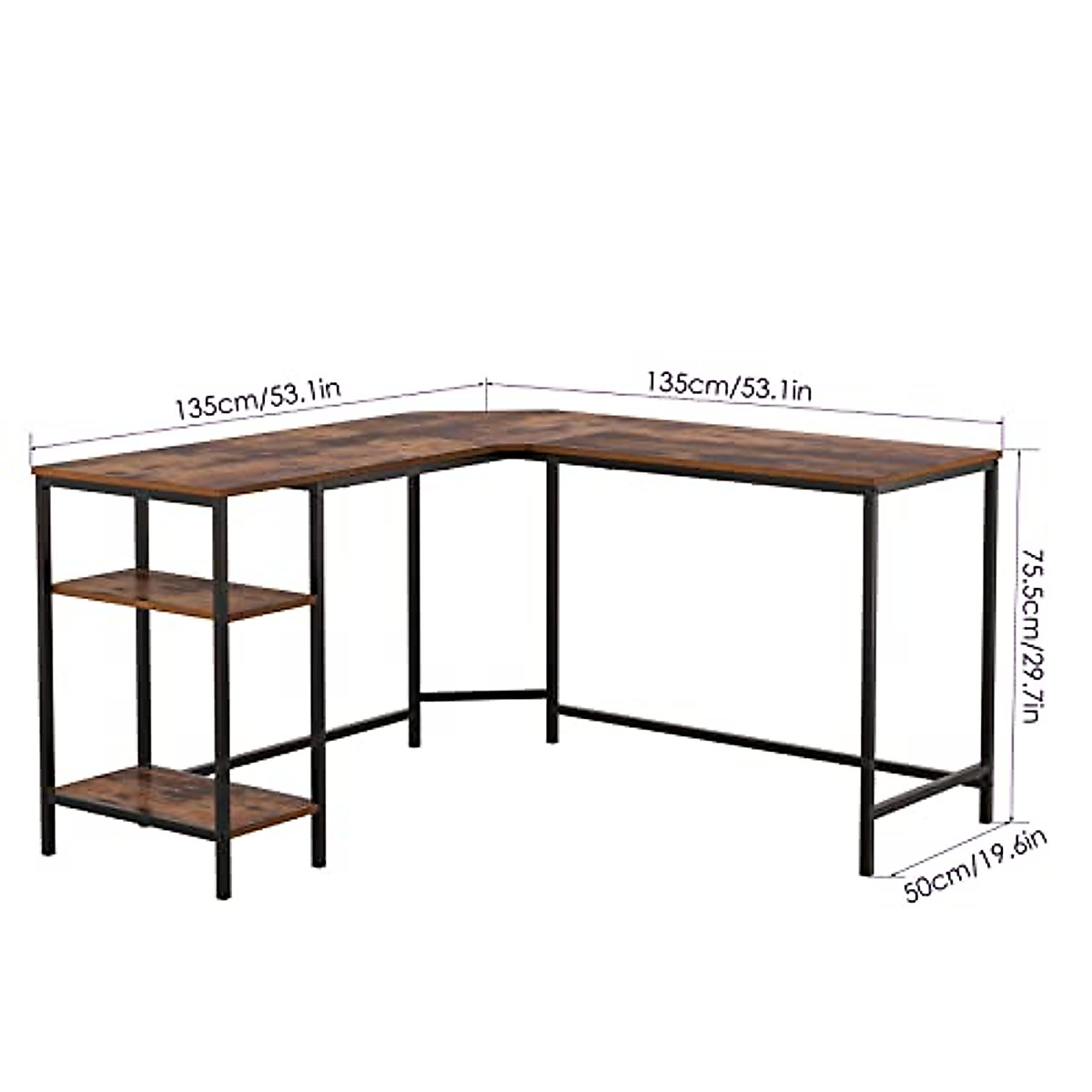 L Shaped Desk,Corner Computer Desk with 2 Removable Shelf,Sturdy Wood & Steel Home Office Table,Writing Desk,Larger Writing Workstation for Small Spaces, Black/Brown