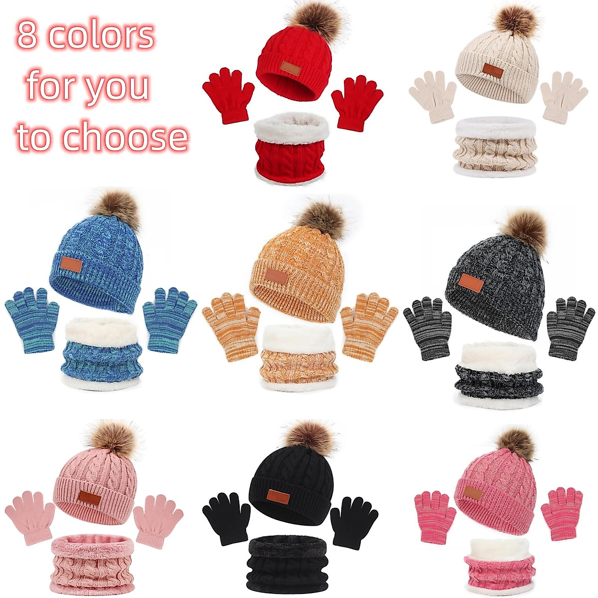 Kids Winter Hat Gloves Scarf Set for 2-6 Years Old Boy Girl Toddler Winter Knit Pompom Beanie Hats Cap Neck Warmer Gloves,rose red-1