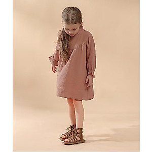 USKIDKK Toddler Girl Dress Long Sleeve Linen Cotton Dress Casual Fall Dresses Clothes (Lotus pink,3-4T)