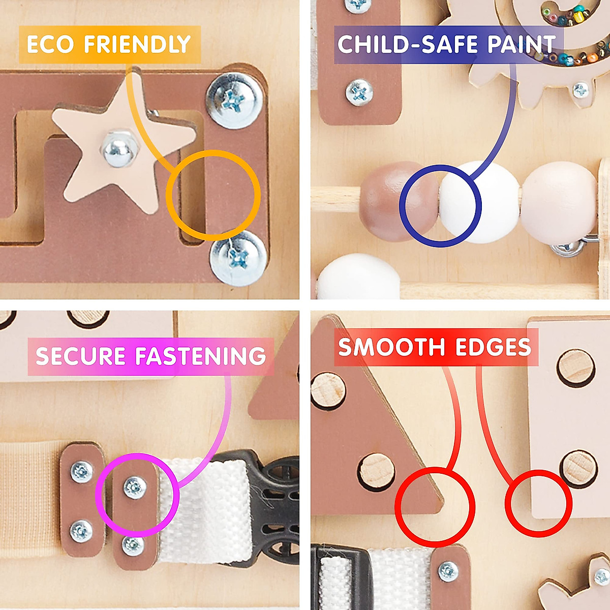 EvoKids Wooden Sorting Stacking Toy Busy Board for Toddlers 3 – Zipper, Buckle in Handmade Activity Board – Plane Car Travel Sensory Montessori Developmental Educational Toys for Boy Girl