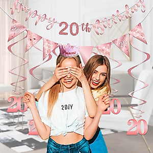 BRT Bearingshui 20th Birthday Decoration Kit for Women, Happy 20th Birthday Banner Bunting Swirls Streamers, Triangle Flag Banner for Birthday Party Decorations Supplies Rose Gold 20th