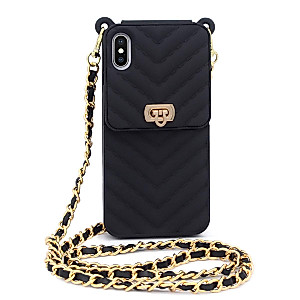 LUVI for iPhone XR Wallet Case with Neck Strap Crossbody Chain Credit Card Holder Slot with Handbag Wrist Strap Protective Cover for Girls Women Silicone Shockproof Case for iPhone XR Black