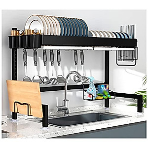 2-Tier Dish Drying Rack Organizer, Over Sink Storage Rack, Dish Drainer with Drain Pan, Kitchen Organize Stand with Phone Holder, Kitchen Counter Supplies Storage Shelf (Color : 63cm) (63cm)