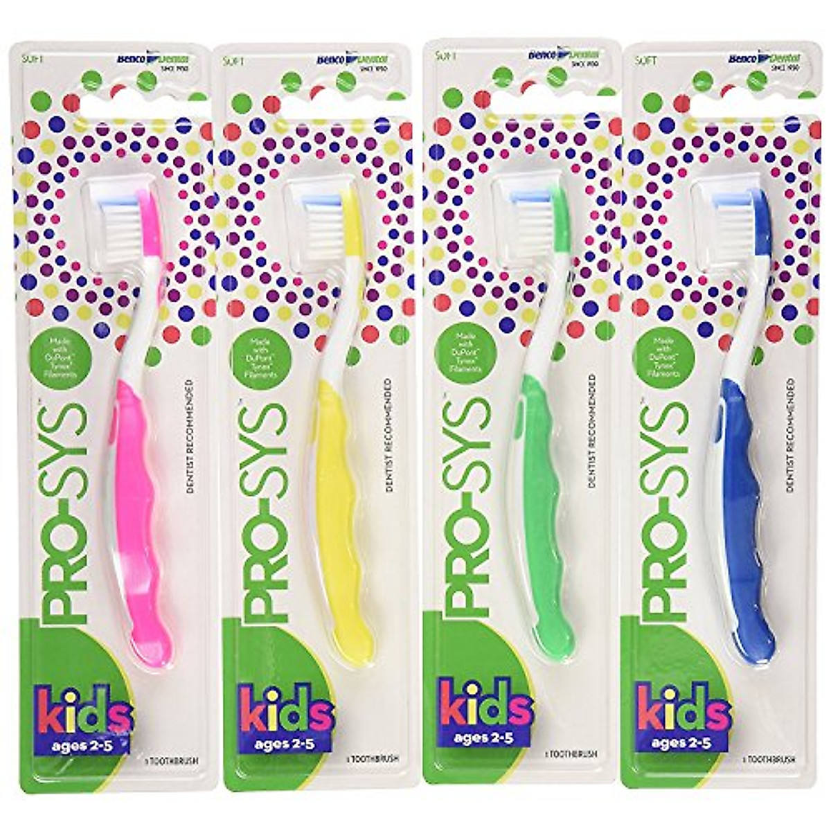 PRO-SYS® Kids Toothbrush (Colorful 4-Pack) - Made with Soft Dupont® bristles (Ages 2-5 for Toddlers and Young Children)