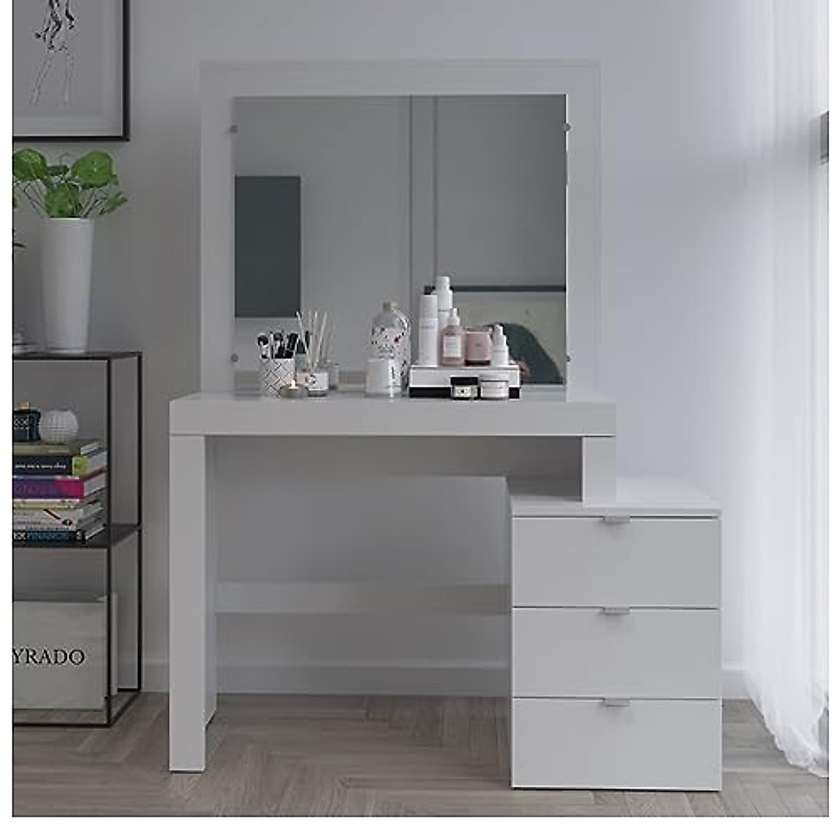 RINDOW Modern White Painted Vanity Desk, USB Port, for Bedroom Makeup Table Vanity Desk Vanity Desk with Mirror Vanity Desk Chair White Vanity Desk Makeup Vanity Desk Vanity Desk with Drawers