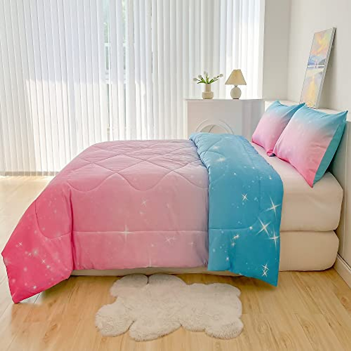 Rainbow Pink Glitter Stars Kids Comforter Set for Girls Queen Size Bedding Set 3 Piece Bed in A Bag Lightweight Quit Blue Gradient Sparkle Mermaid Galaxy Duvet Set for Kids Boys with 2 Pillowcases
