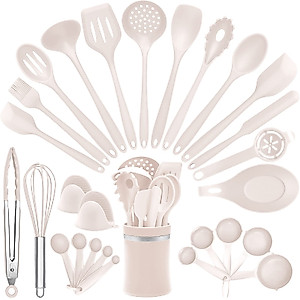 Silicone Cooking Utensils Set, 28PCS Kitchen Utensils Set with Holder, AIKWI Heat-Resistant & Non-stick Silicone Spatula, Tongs,Spoon for Cooking, BPA Free Kitchen Tools Gift (Khaki)