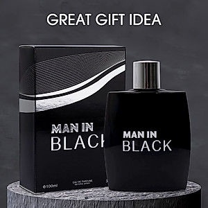 NovoGlow Man in Black for Men - Luxurious Aroma in Each 3.4 fl Oz Black Glass Bottle - Top Notes of Bergamot and Pineapple Formulated with Essential Oils - Fantastic Gift Choice - Grey Suede Pouch