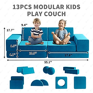 Kids Couch, 12PCS Fold Out Toddler Couch with 2 Balls and Tunnel, Modular Kids Couch for Playroom, Kids Play Couch for Kickball Game, Pitching Game, Over 30 Creative Gameplay Couch for Kids (Blue)