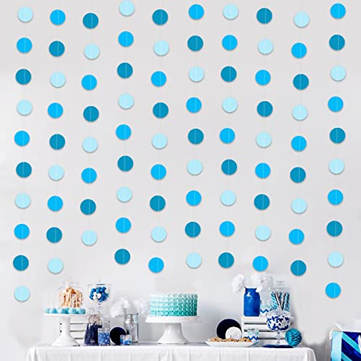 Zwiebeco 52Ft Blue Circle Dots Garland Paper Dot Bunting Banner Hanging Polka Dot Streamers for Baby Shower Birthday Engagement Wedding Bridal Shower Hen Tea Party Nursery Kids Room Home Decorations