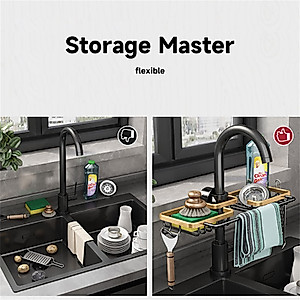 Swovo Dish Sponge Holder, Aluminum Dish Towel Organizer with Dish Towels Drying Rack and Hooks for 0.7"-1.1" Diameter Kitchen Sink Faucets (Black+Gold)