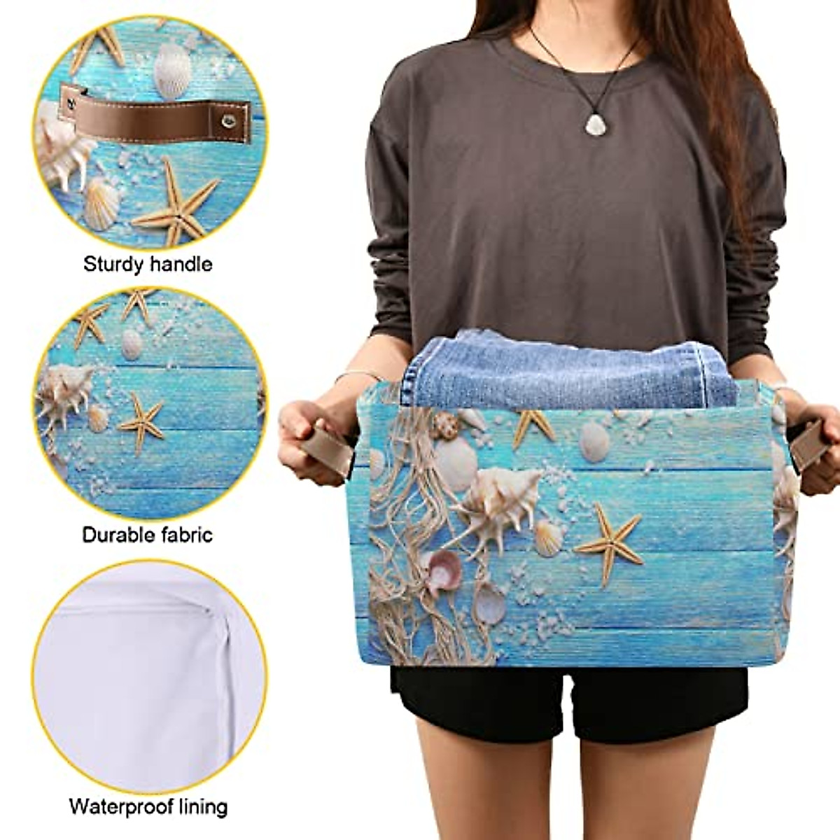 FZDXZJJ Summer Beach Wooden Starfish Storage Basket Bins, Ocean Nautical Decorative Baskets Storage Box Collapsible Storage Cubes Organizer with Handles for Nursery Shelf Closet Office Home Bedroom,1 Pack