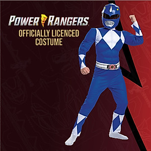 Blue Power Ranger Costume, Kids Size Beast Morphers Muscle Padded Character Jumpsuit and Mask, Classic Child Size Small (4-6)