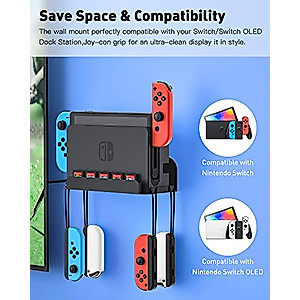 ZAONOOL Wall Mount for Nintendo Switch and Switch OLED, Wall Mount Kit Shelf Stand Accessories with 5 Game Card Holders and 4 Joy Con Hanger, Safely Store Your Switch Console Near or Behind TV (Black)