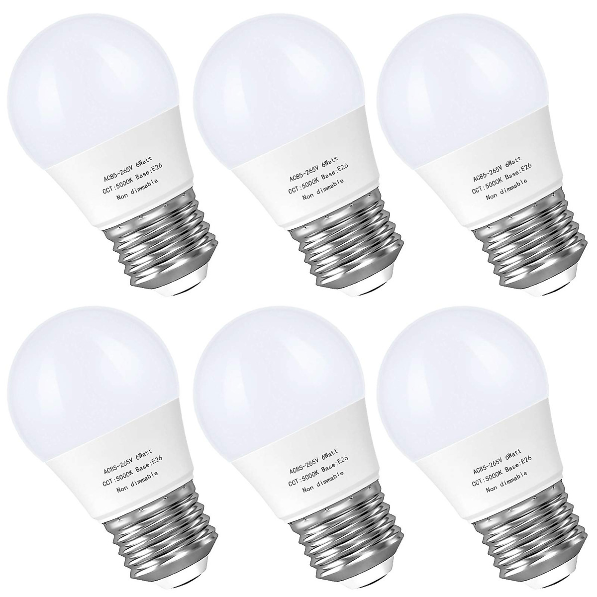 A15 Led Bulb, E26 Base Appliance Light Bulb, 6W(60 Watt Incandescent Equivalent), Ceiling Fan Light Bulbs, 550 LM, Small Lightbulbs, Non-Dimmable, 5000K Daylight, 6 Packs