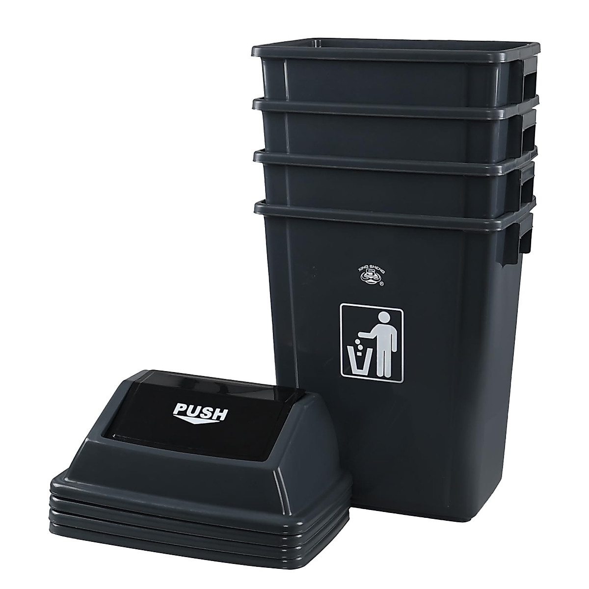 Xowine 15 Gallon Kitchen Swing Top Garbage Can, 4-Pack Plastic Swing Top Lid Trash Can, Gray