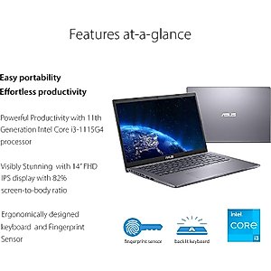 asus VivoBook 14 Slim Laptop Computer, 14" IPS FHD Display, Intel Core i3-1115G4 Processor, 20GB DDR4 RAM, 1TB PCIe SSD, Backlit Keyboard, hdmFingerprint Reader, HDMI, Windows 11 Home S, Slate Grey